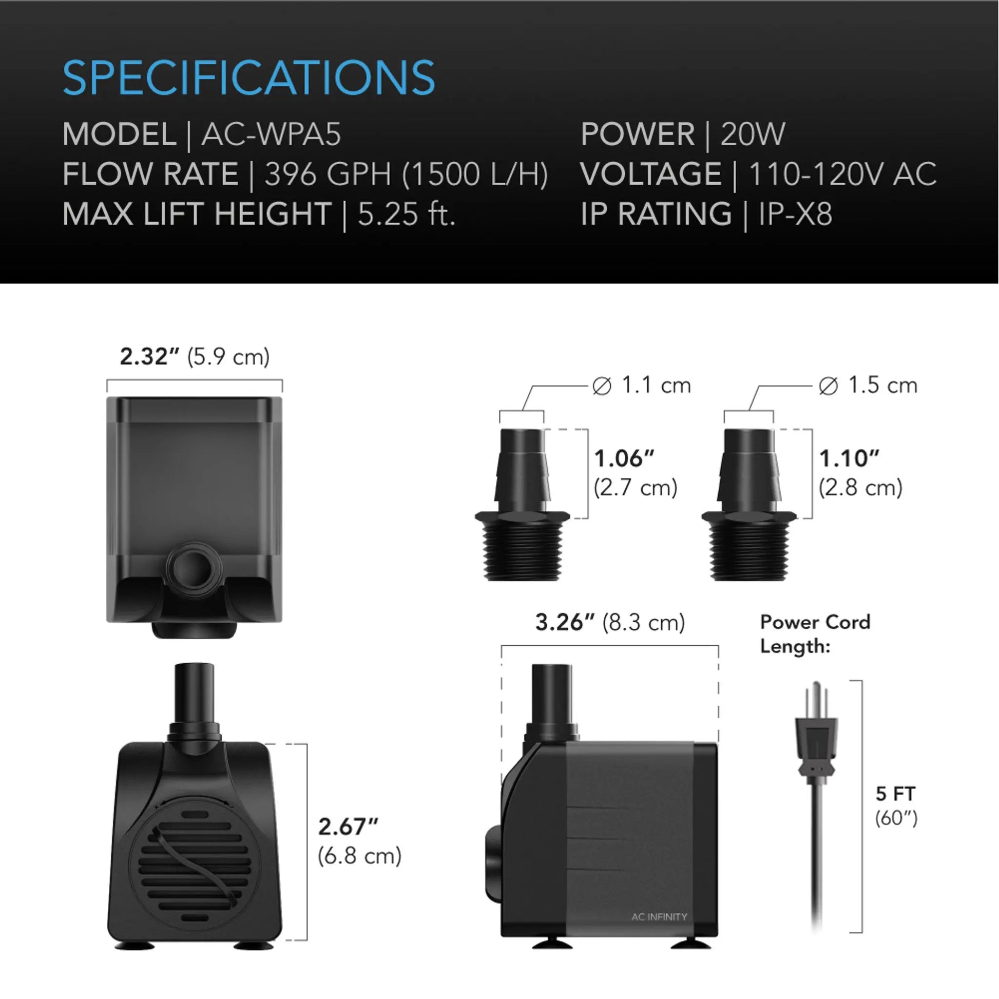 AC Infinity Submersible Water Pump, 396 GPH | In-Stock - Buy Now ...